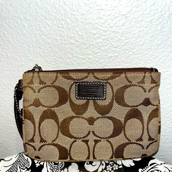 Coach | Bags | Coach Signature C Khaki Brown Jacquard Wristlet | Poshmark